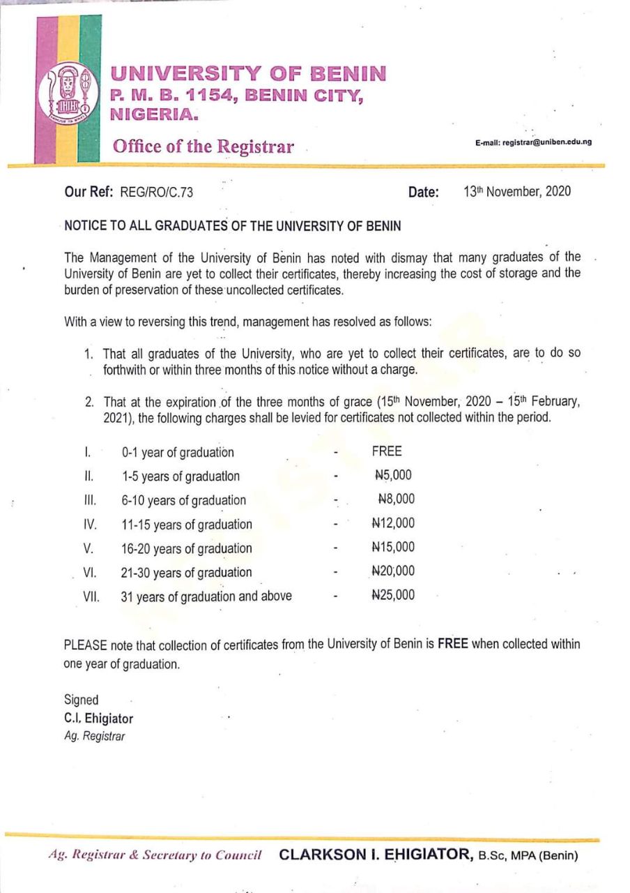 ''Come and collect your certificates!'' - UNIBEN sends notice to alumni ...